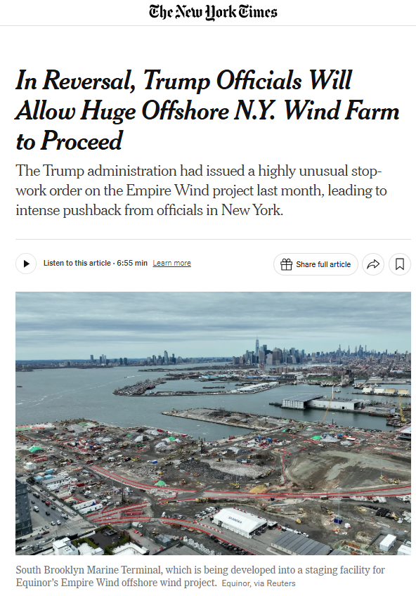 Trump Lifts Ban on $5 Billion, 2 GW Empire Wind Project, Constitution ...