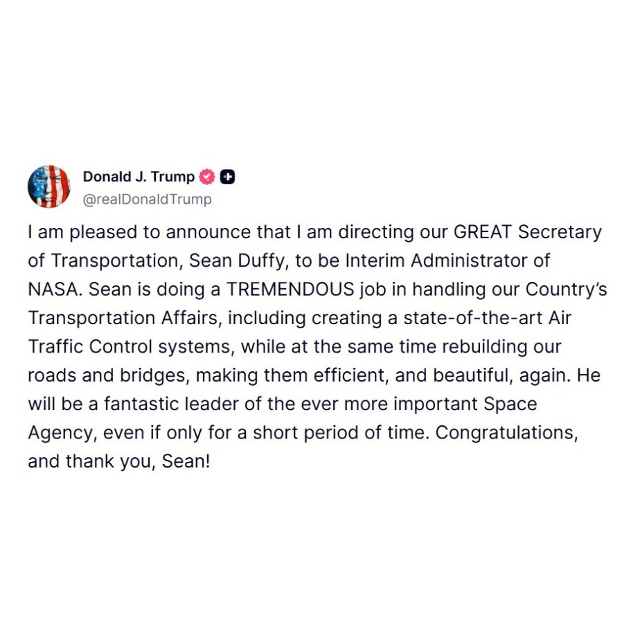 Trump Makes Transportation Chief Sean Duffy Interim NASA Administrator ...