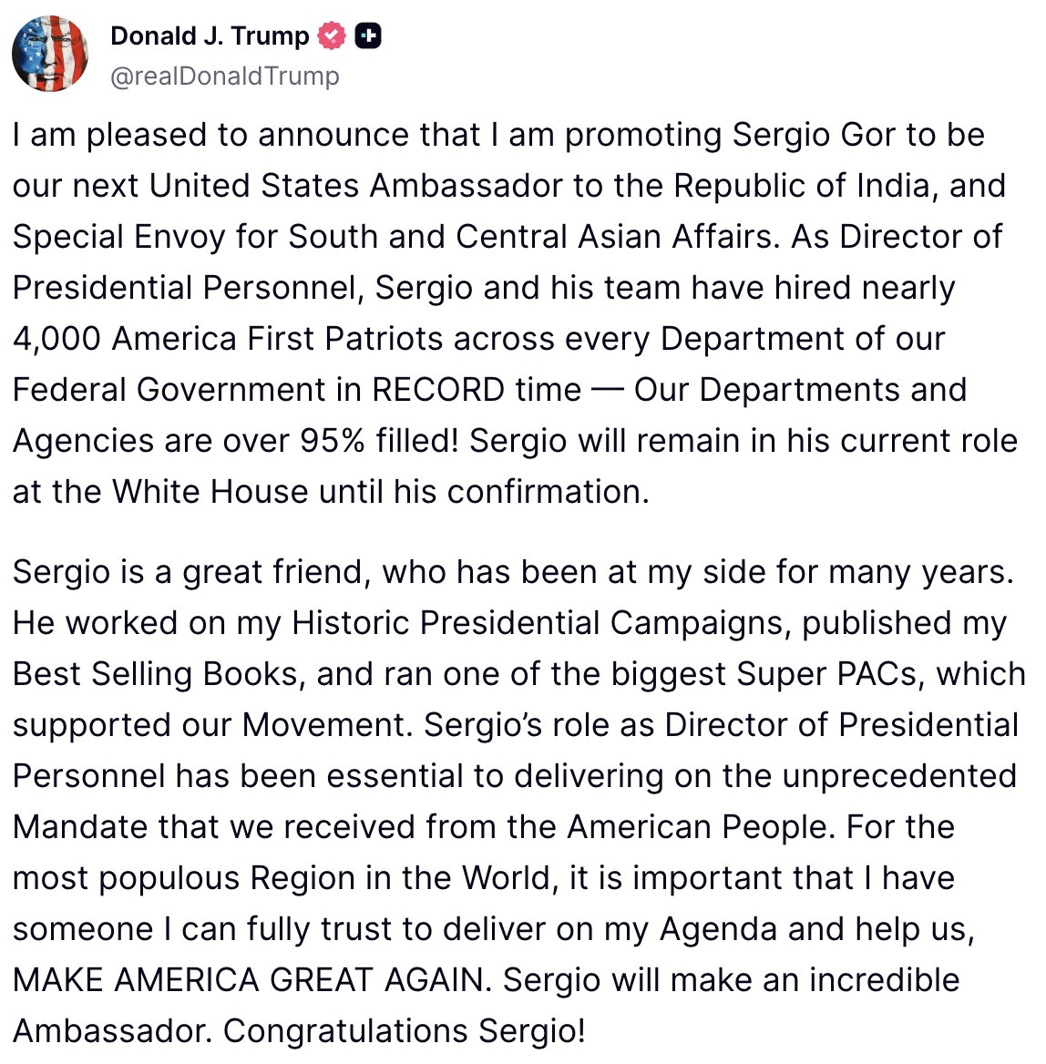 Trump Names Personnel Director Sergio Gor Ambassador to India ...
