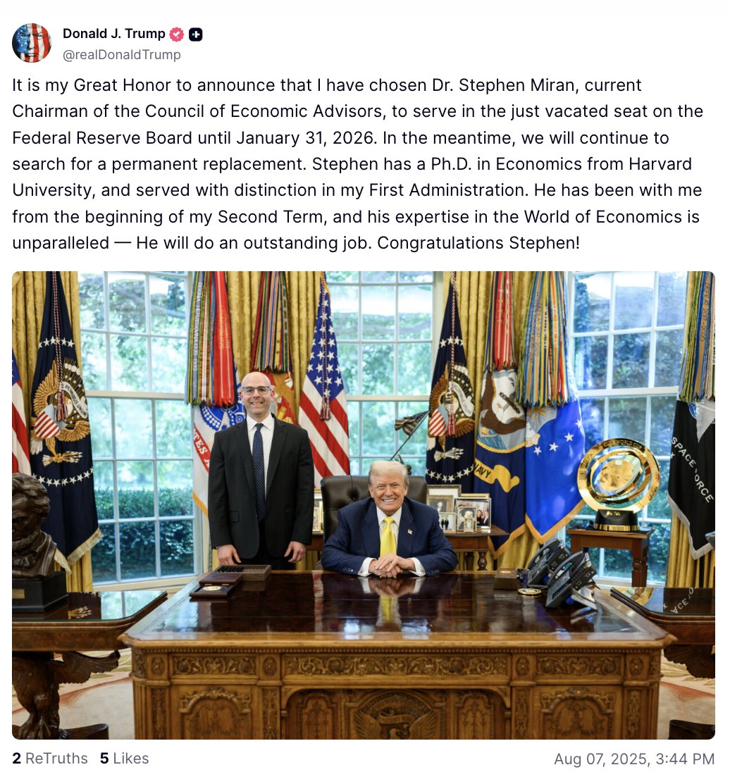 Trump Nominates CEA Chairman Stephen Miran to Federal Reserve Board ...
