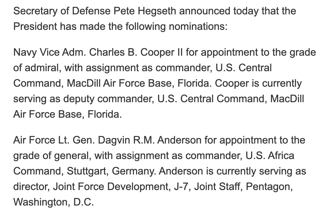 Trump Nominates Vice Adm. Brad Cooper to Replace Gen. Kurilla as ...
