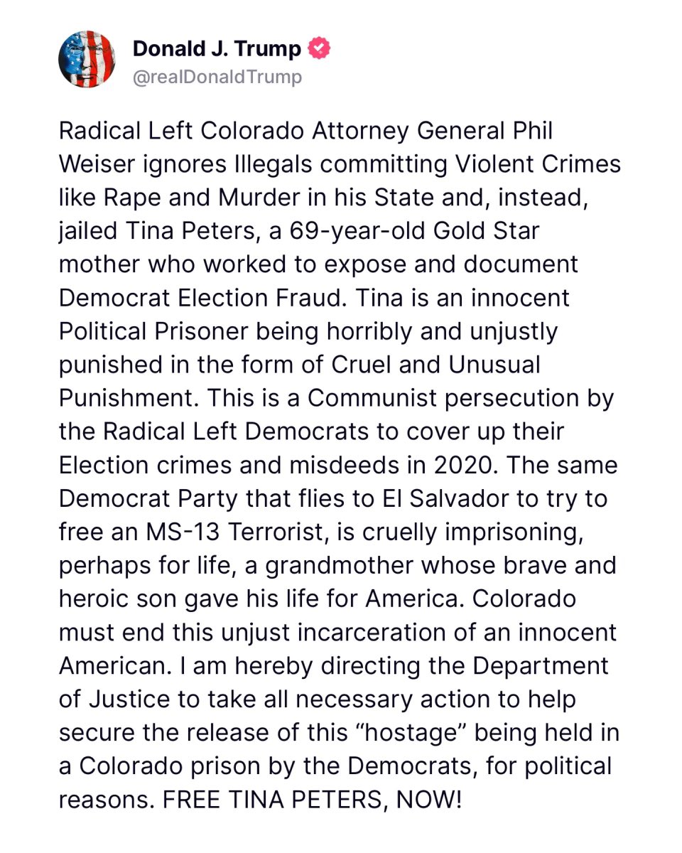 Trump Orders DOJ to Seek Release of Tina Peters, Serving Nine-Year ...