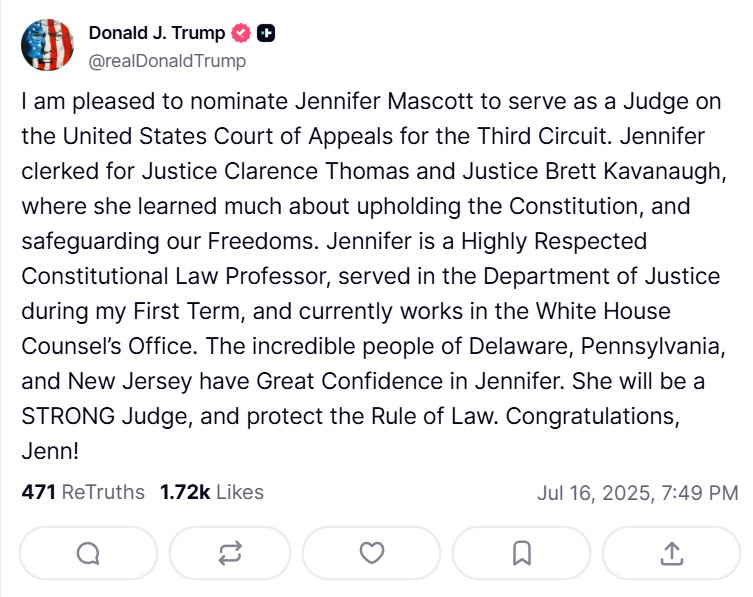 Trump Picks Jennifer Mascott for Third Circuit, Senate Panel Sets Pirro ...