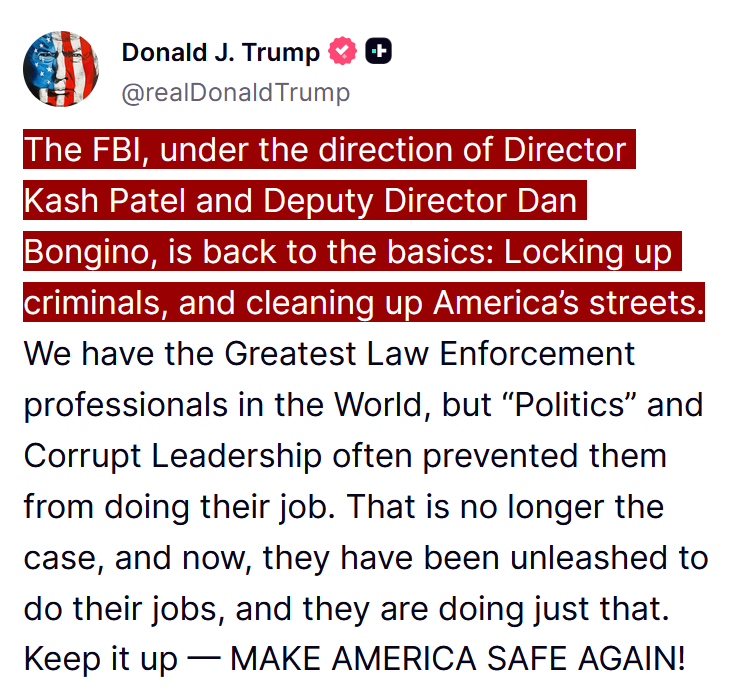 Trump Says FBI ‘Back to Basics’ Under Patel, Bongino Leadership ...