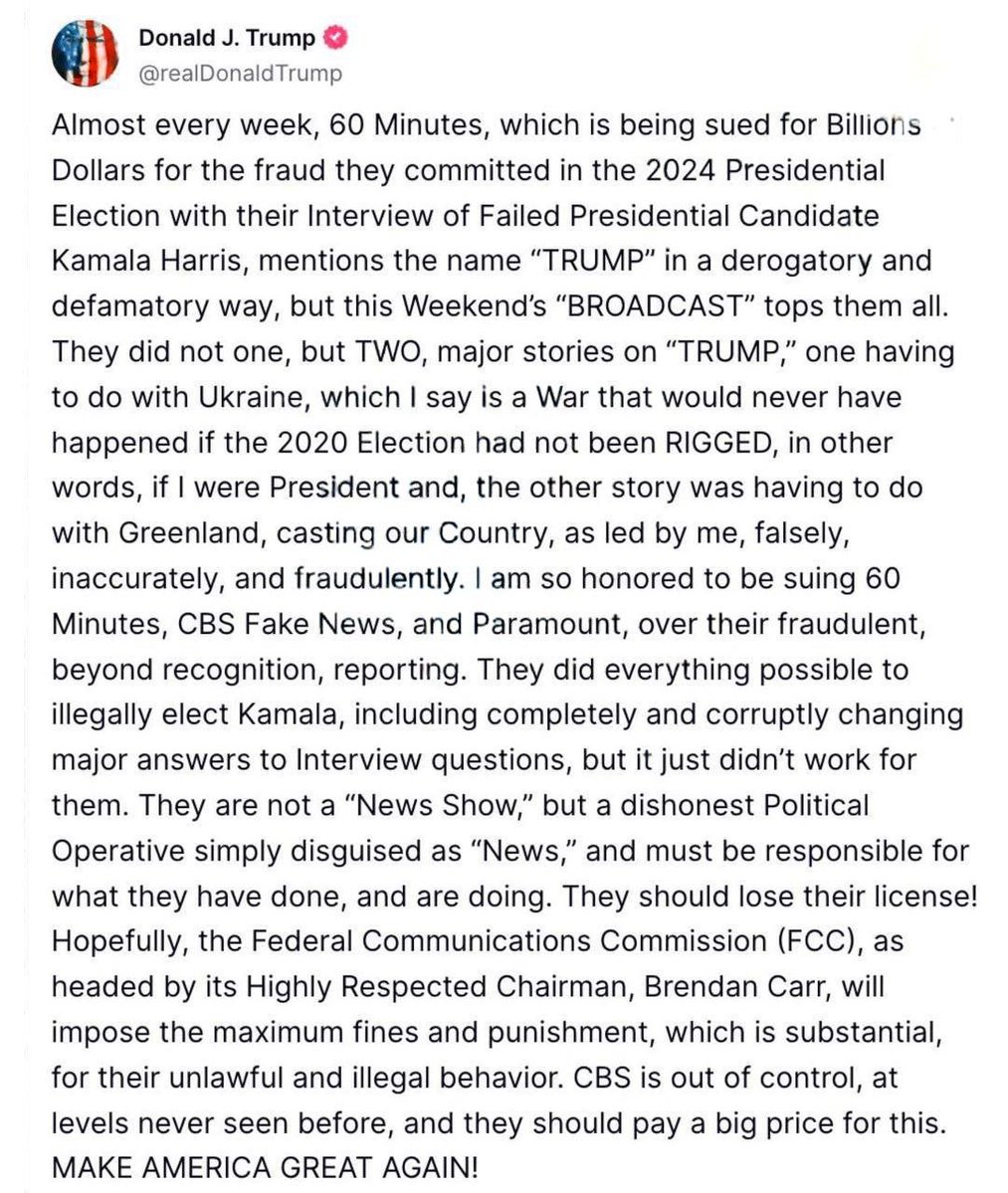 Trump Sues CBS and 60 Minutes, Calls for FCC Action Over Election ...