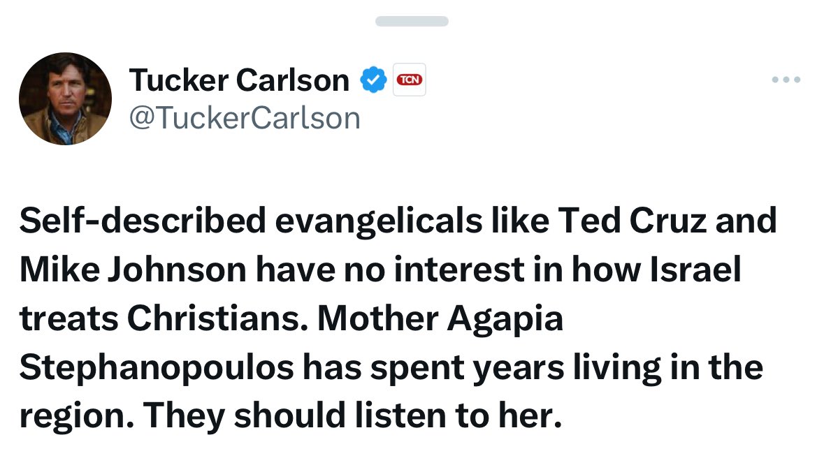 Tucker Carlson Hosts Mother Agapia Stephanopoulos to Criticize Israel’s ...