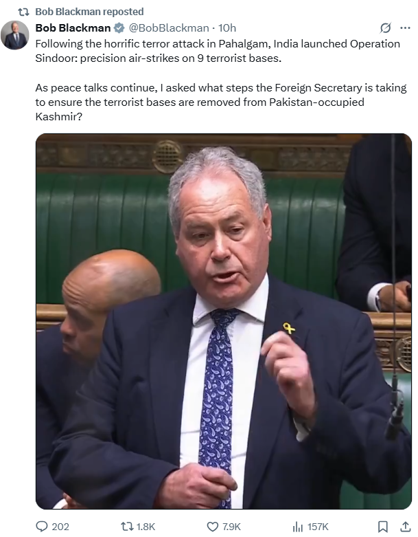 UK MP Bob Blackman Condemns Pahalgam Attack, Cites The Resistance Front ...