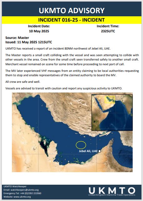 UKMTO Reports Small Craft Collision 80 Nautical Miles NW of UAE's Jebel ...