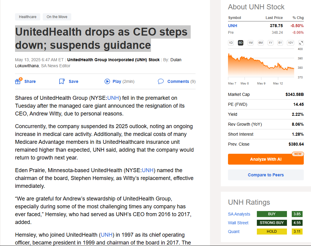 UnitedHealth Names Hemsley CEO, Pulls 2025 Outlook After $225 Billion ...