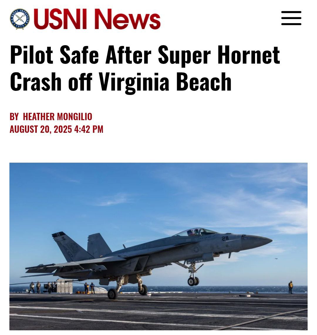 US Navy Super Hornet Crashes Off Virginia Coast; Pilot Rescued | DeepNewz Malaysia