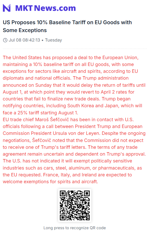 US Offers EU 10% Tariff Deal, Exempting Aircraft and Spirits | DeepNewz ...