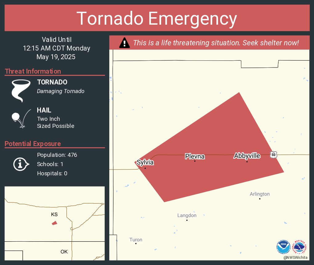 Violent Tornado Emergencies Declared in Plevna, Abbyville, Sylvia KS ...